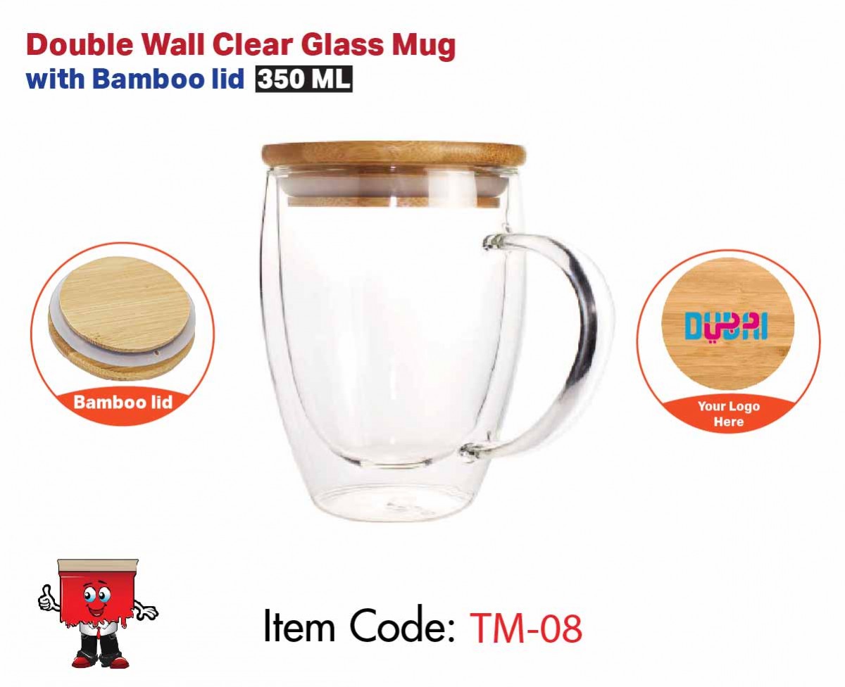 Double Wall Clear Glass Mug with Bamboo lid - 350ml