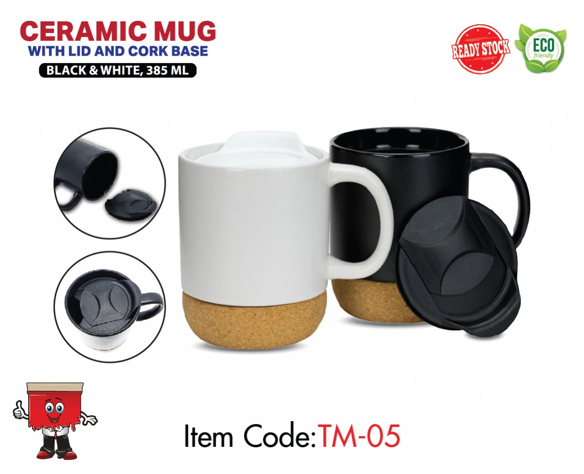 Ceramic Mug Matte with Lid & Cork base, Black, 385ml