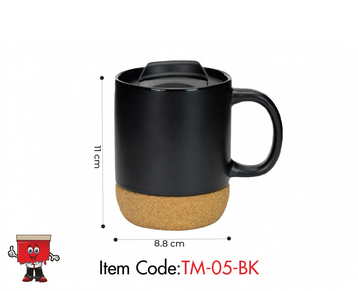 Ceramic Mug Matte with Lid & Cork base, Black, 385ml